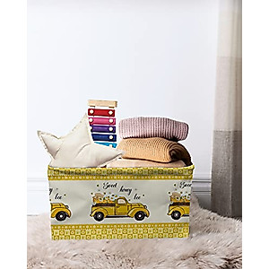 Storage Baskets for Organizing, Toy Box Chest Farm Sweet Honey Bee Truck Daisy Yellow Buffalo Plaid Foldable Cube Storage Bin with 2 Leather Handles Set of 2