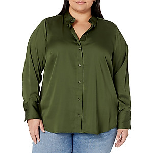 Amazon Essentials Women's Classic-Fit Satin Button Down Blouse (Available in Plus Size), Dark Olive, X-Large