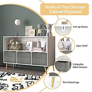 GOAWGO Kids Bookshelf Toy Storage Organizer with Collapsible Fabric Drawers, Wood Children Bookcase, Toy and Book Storage Display Organizer for Playroom,Bedroom, Nursery School (White+Gray)