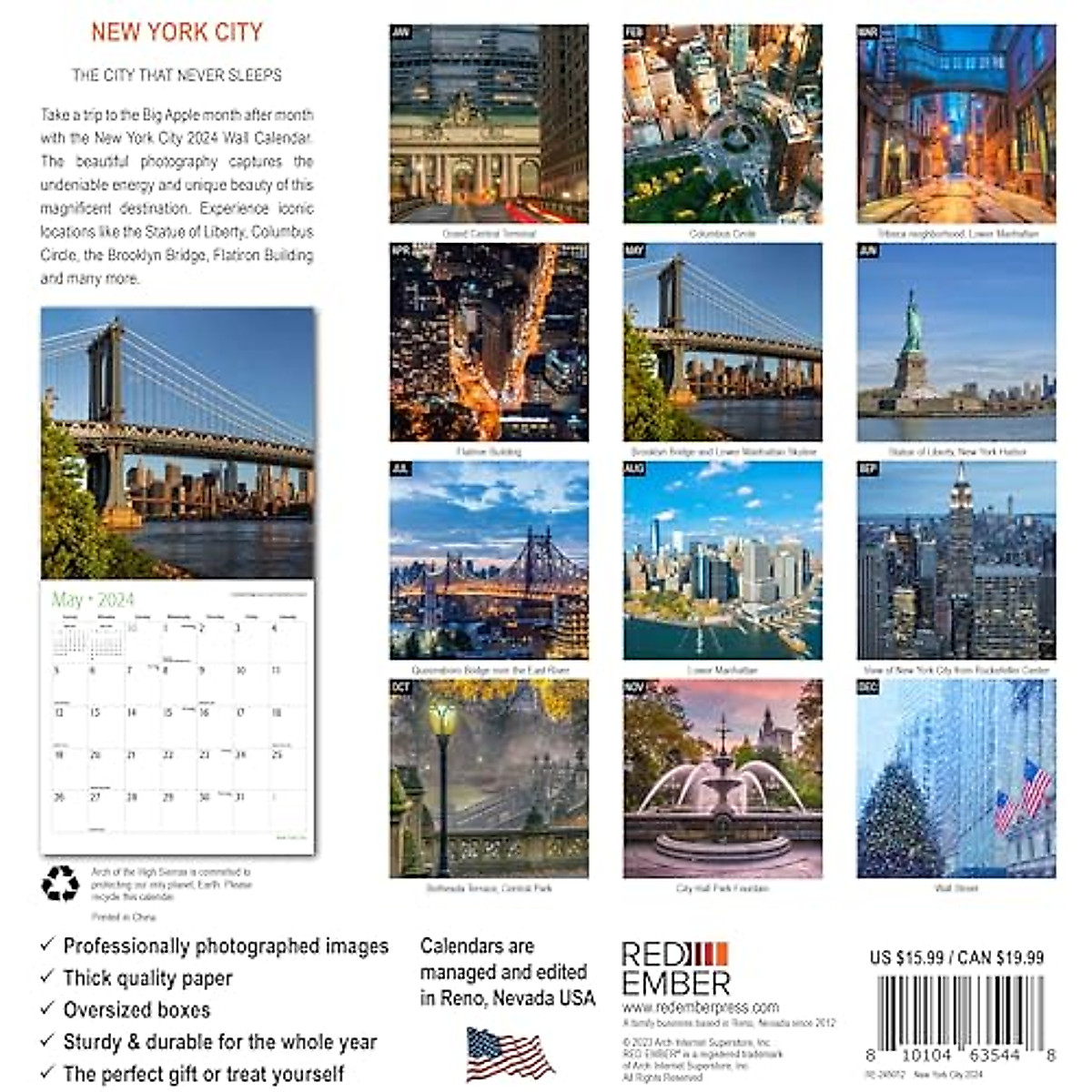 RED EMBER New York City 2024 Wall Calendar 12 Month | 12" x 24" Open | Thick & Sturdy Paper | Giftable | Calendar 2024