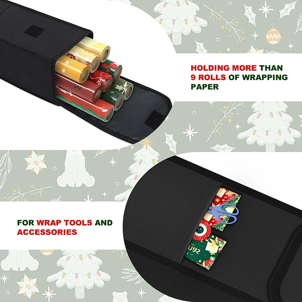 Demao Wrapping Paper Storage Bag 31", Gift Wrapping Paper Organizer Storage Containers with Pocket for Crafts Poster Tools, Christmas Wrap Paper Holder fits for 9 Standard Rolls (Black-2pc)