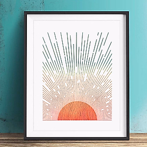 Sun Watercolor Art Print, Mid Century Modern Art, Abstract Sun Rays, Red and Green, Wall Picture, Living Room Wall Decor, 8x10 inch No Frame