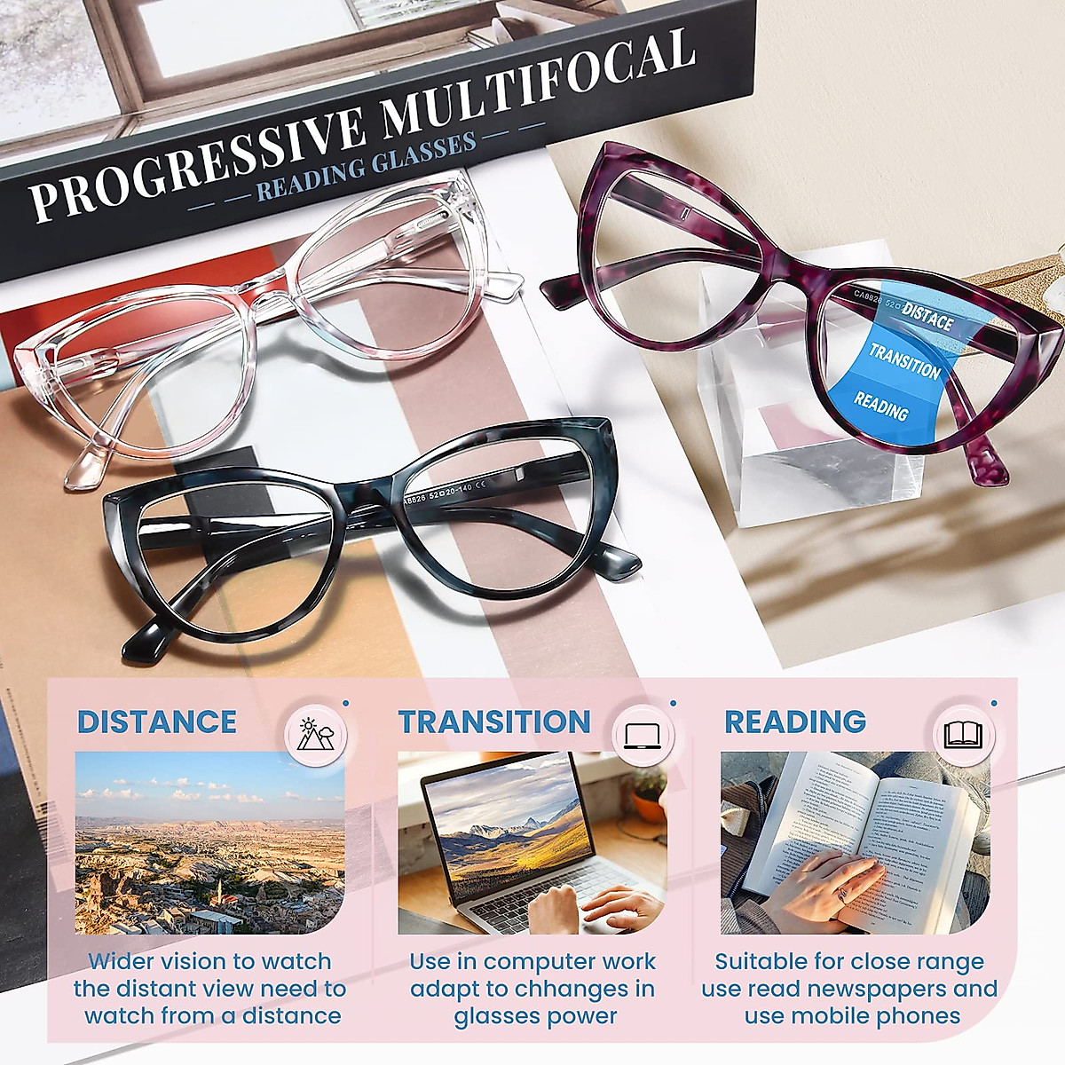 Gaoye 3 Pack Cat Eye Progressive Multifocal Readers+2 Pack Reading Glasses Women, Computer Magnifying Blue Light Blocking Readers Anti Glare (A1 5 PACK MIX, 1.5, multiplier_x)