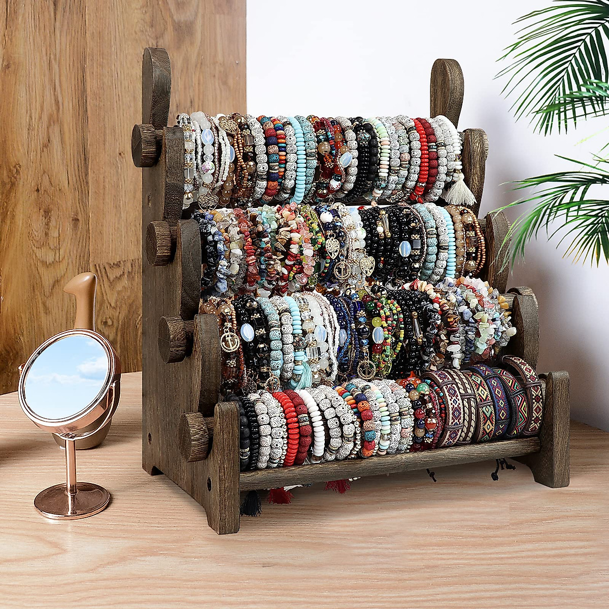 TOPNEW 4 Tier Wooden Bracelet Holder, Bangle Watch Necklace Display Storage Jewelry Holder Stand Display Organizer, Brown 4 Tier Wooden Bracelet Holder