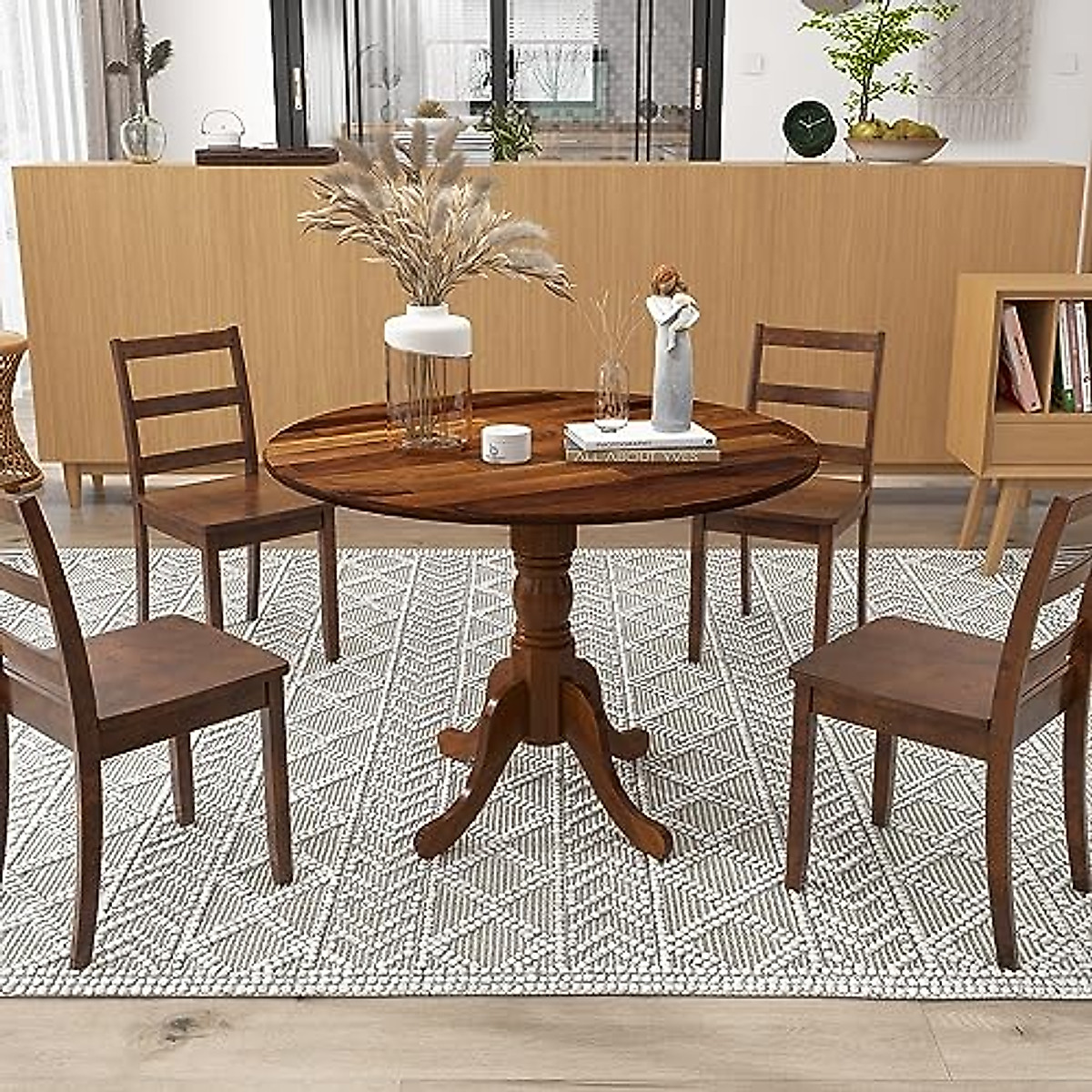 Giantex Wooden Dining Table, 40" D X 29" H, Pedestal Tables W/Round Tabletop & Curved Trestle Legs, 4-Person Round Dinner Table for Kitchen, Dining Room, Living Room (40" D, Walnut)