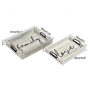 Ottoman Tray for Living Room White, Rustic Wooden Serving Trays with Handles, Set of 2 Family and Love Letters Printed Design, Farmhouse Decorative Tray for Coffee Table Decor, Breakfast Butler Tray