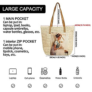 VODIU Women Straw Tote Woven Handbag Large Summer Beach Handmade Weaving Shoulder Bag Shopper Bohemia