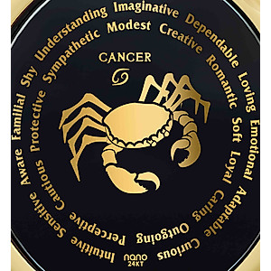 Gold Plated Silver Cancer Necklace Zodiac Pendant Star Sign Birthdays 22nd June to 22nd July Jewelry Inscribed in 24k Gold on Black Onyx Gemstone, 18" Rolo Chain