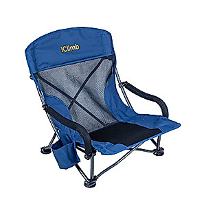 iClimb Low Wide Beach Camping Folding Chair with Side Pocket and Carry Bag (1, Navy)