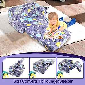 Kirumie Kids Couch Glow in The Dark, Toddler Couches That Fold Out, 2-in-1 Convertible Sofa to Lounger, Soft Kids Sofa with Blanket, Toddler Chair Comfy Sofa for Baby Boys Girls, Space & Blue