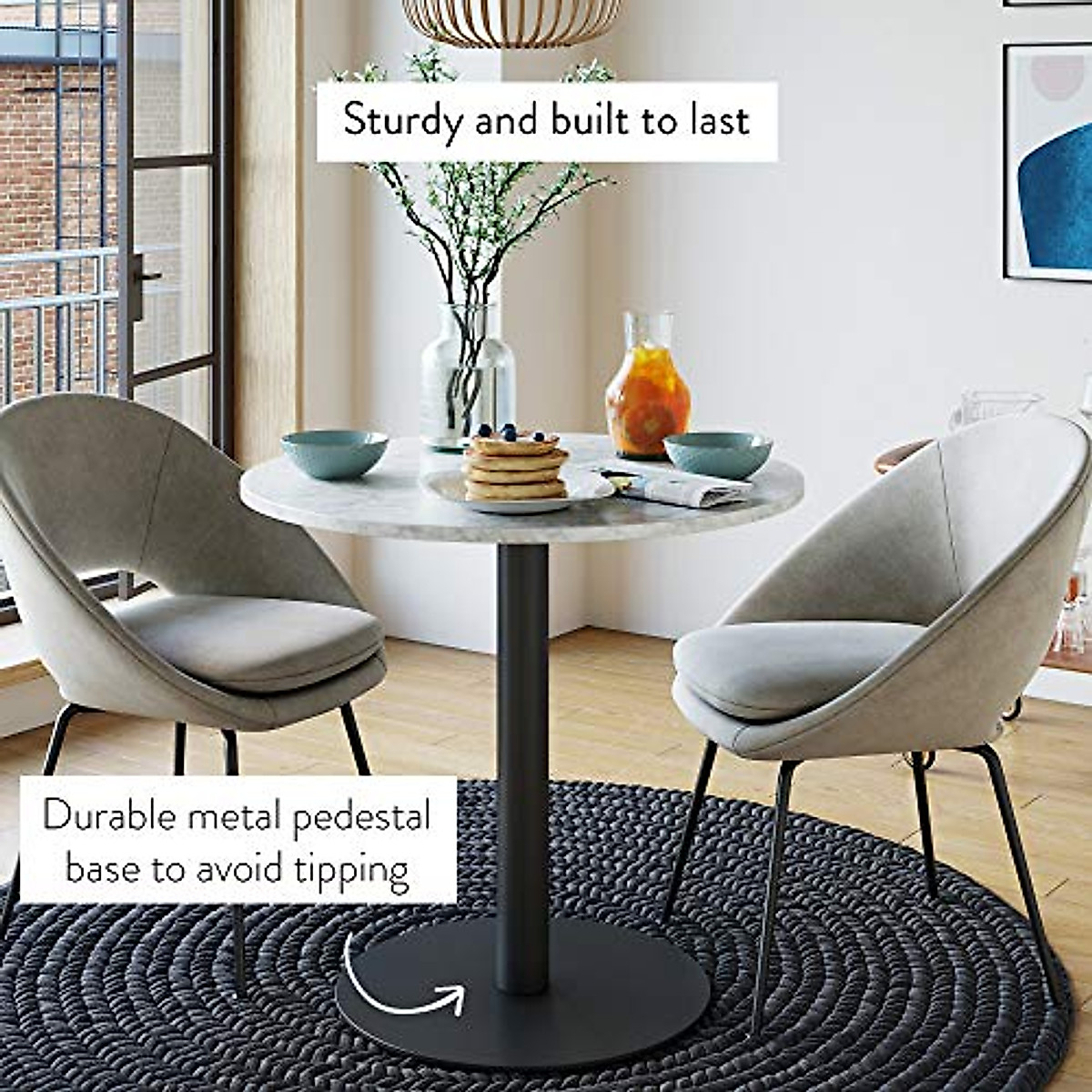 Nathan James Bistro Lucy Small Mid-Century Modern Kitchen or Dining Table with Faux Carrara Marble Top and Brushed Metal Pedestal Base, Black, 31.5D x 31.5W x 29H in