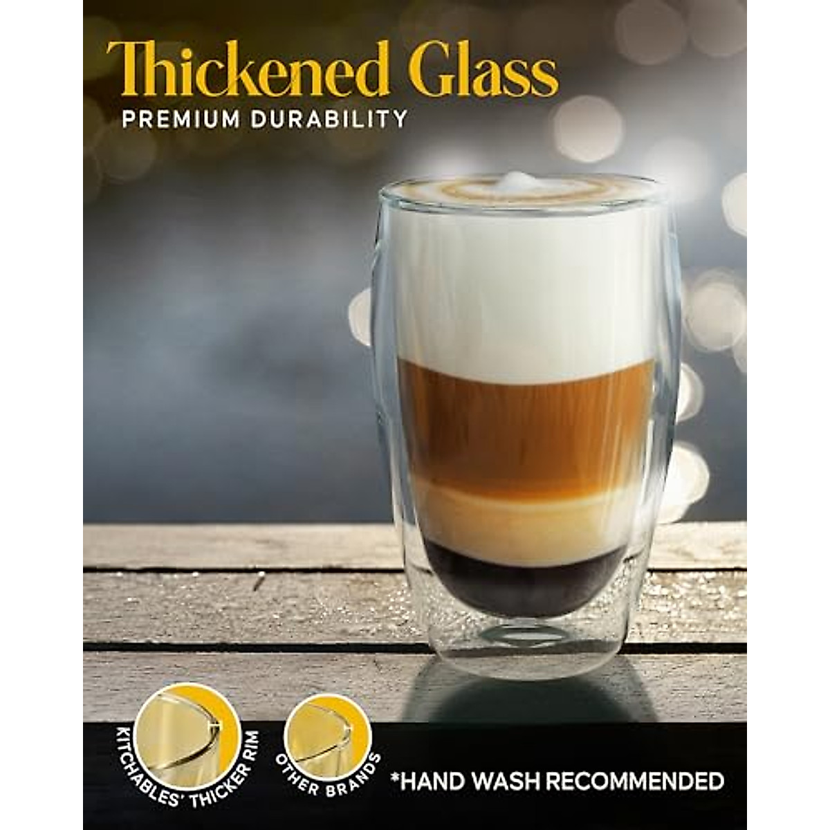 Kitchables Double Walled Glass Coffee Mugs Set of 2, 15oz Insulated Glass Coffee Mugs for Cappuccino, Latte, Tea, Espresso - Latte Cup - Tazas Para Cafe