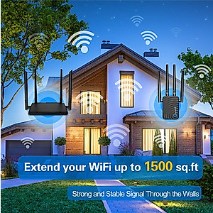 Wireless Signal Booster up to 1500 Sq.ft, 2.4 & 5GHz Dual Band Amplifier with Ethernet Port, 4 Antennas 360° Coverage Extend WiFi Signal to Smart Home