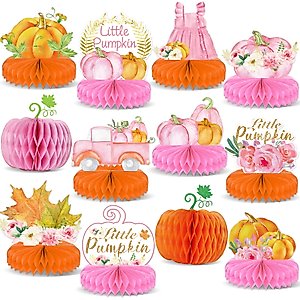 12PCS Little Pumpkin Party Decorations Pumpkin Honeycomb Centerpieces Pink Floral Table Toppers First Birthday Table Centerpieces A Little Pumpkin is On The Way Table Decor for Girls Baby Shower Party