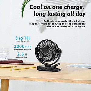 ENCHANTLIVING Portable Mini Clip On Fan,Desk Fan,Neck Fan,2.8 Inch Rechargeable,720 degree Rotate,3 Speed Quiet Mini Clip Fan,Small Clip on Fan Ideal For Outdoor Bedroom Office Camping Travel (black)