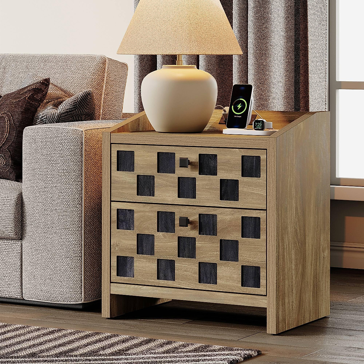SICOTAS Wide Nightstands Set of 2 with Charging Station and USB-C Port, 24" Large Wood Night Stand with 2 Drawers, Bedside Table with Checkered Pattern Decor, End Side Table with Storage for Bedroom