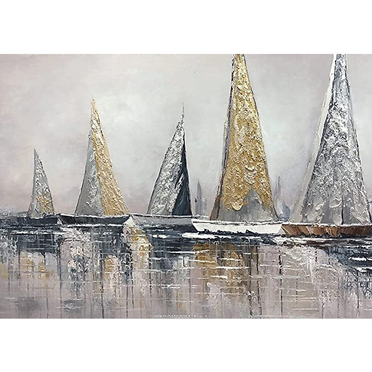 [SPRING BIG SALES] PAVILIART Golden & Silver Sailboats at the shore, Size 24" x 48", Hand Painted Abstract Seascape, Palette Knife Oil Painting on Canvas, Wall Art Decoration, Wood inside framed , Easy Hanging in Living Room