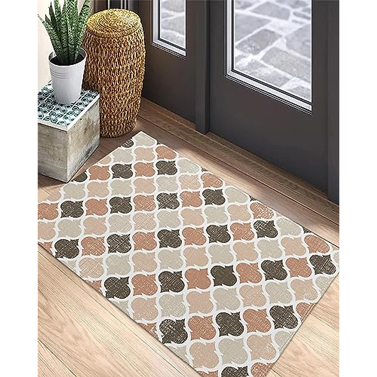Front Entrance Floor Mats, Non Slip Bathroom/Kitchen Mat Absorbent Durable Small Rugs, Retro Geometric Morocco Tile Pattern Print Door Mat Indoor/Outdoor Carpet Shoes Scraper 18x30 inch