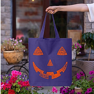 shop4ever Orange Jack O' Lantern Pumpkin Face Halloween Trick or Treat Eco Cotton Tote Reusable Shopping Bag Purple ECO 1