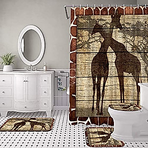 SiMiWOW 4 Pieces African Animals Giraffe in Forest Shower Curtain Set with Bath Mat Bath Rugs Bathroom Decoration