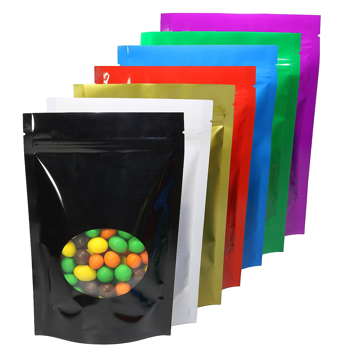 QQ Studio Pack of 100 Glossy Colored Mylar Foil Stand-Up Zip Seal Bags w/Clear Round Window (Glossy Black, 3.3 inches x 5.5 inches)