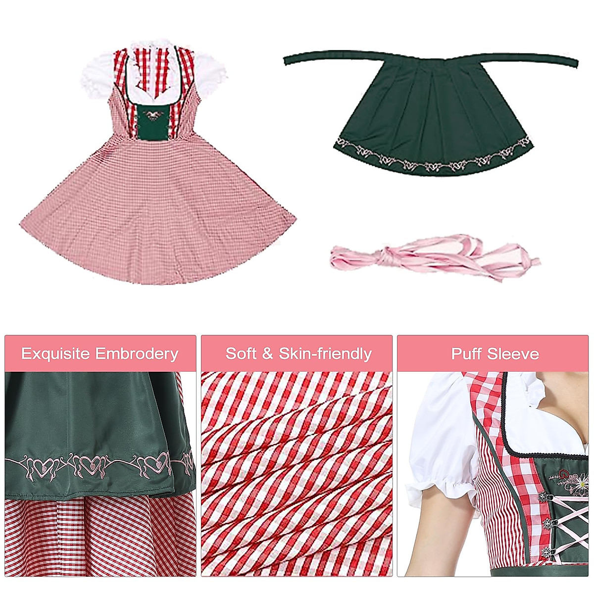 VISVIC Oktoberfest Costumes Women Dirndl Dresses 2 Pieces, Women's Oktoberfest Dress German Dirndl Dress Costumes for Bavarian Oktoberfest Carnival Halloween