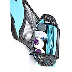 The Fine Living Co. Portable Hanging Shower Caddy Organizer Bag (Free Toiletries Case+Metal Hook) Quick Dry Mesh Shower Caddy Tote Bag Pouch For Bathroom College Dorm Camp Gym Camping 10”x4”x9”(Aqua)