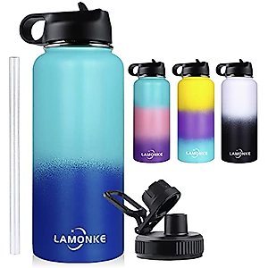 LAMONKE 32oz Vacuum Insulated Stainless Steel Water Bottle with Straw Lids & Spout Lids & Wide Mouth, Double Wall BPA Free Sweat-Proof Thermos to Keep Beverages Perfectly Hot or Cold