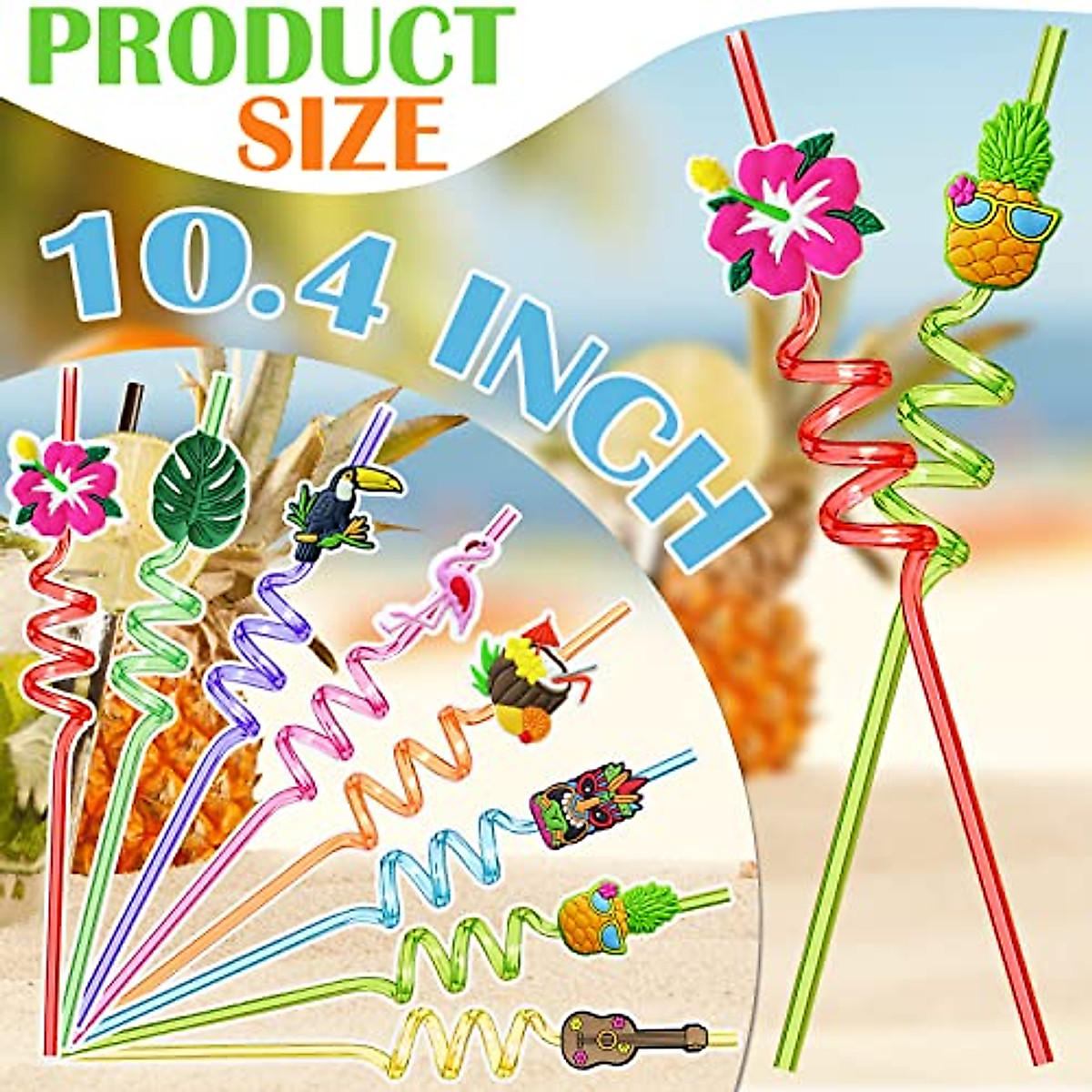 Hawaiian Luau Party Favor Drinking Straws (24 Pcs) Summer Beach Pool Birthday Party Supplies Reusable Plastic Drink Straw for Tropical Luau Party (2 Pcs Cleaning Brushes inside)…