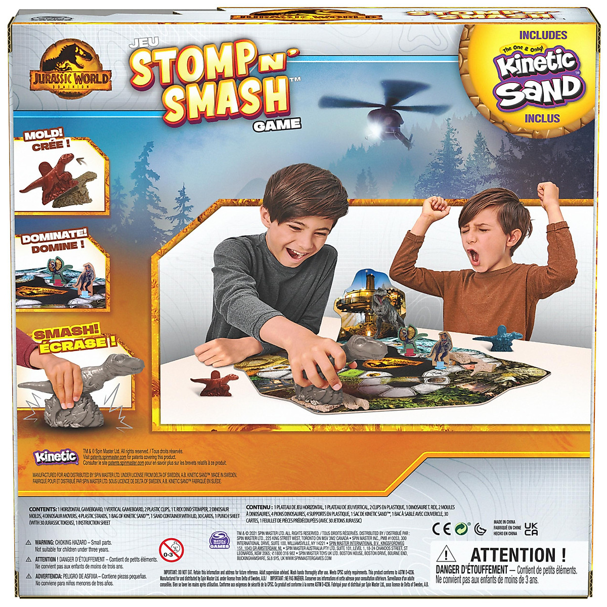 Spin Master Games, Jurassic World Dominion, Stomp N’ Smash Board Game Sensory Dinosaur Toy with Kinetic Sand, Christmas Gifts for Kids, for Ages 5+