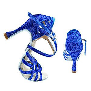 DKZSYIM Women's Satin Latin Dance Shoes Rhinestone Ballroom Salsa Performance Practice Dancing Shoes,L356-Blue-7.5,US 10