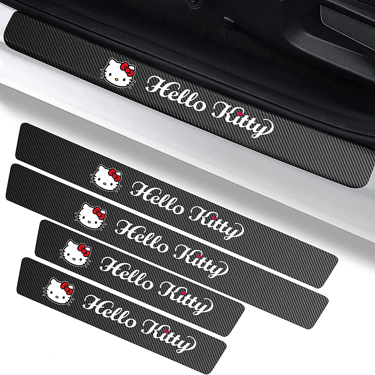 for Hello Kitty Fans Car Door Edge Guards Door Sill Protective Sticker,4PCS Carbon Fiber Car Door Threshold Step Protective Film,Car Door Step Scratch Protector,Universal Fit for Toyota Jeep Audi