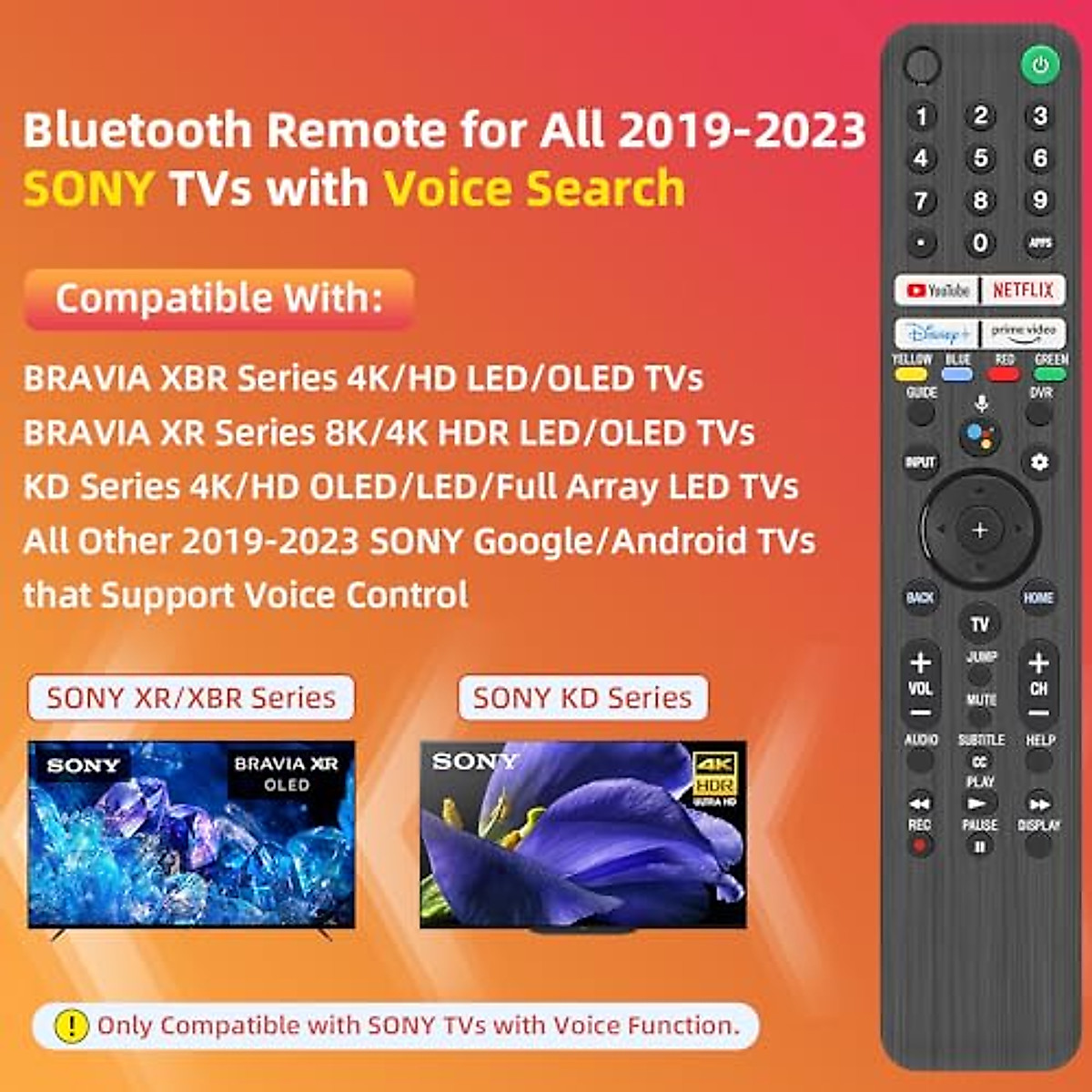 Replacement Sony TV Remote | for Sony Smart TVs with Voice Control | Sony BRAVIA XR/XBR/KD Series 4K LED OLED Google/Android TVs | Energy-Saving | 12-Month Full Warranty.