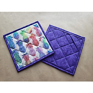 Rainbow Pineapple Potholders Set of 2 Handmade Hospitality Hostess Gifts Under 20 Summer Kitchen Linens Insulated Hot Pads Pair Quilted Trivets Charleston SC Themed Kitchen Decor