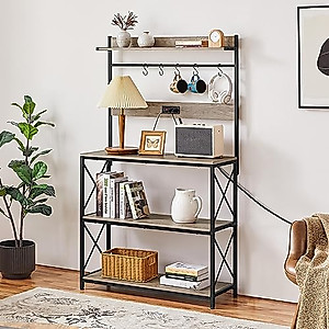 Yaheetech Kitchen Bakers Rack with Power Outlet, 36.5" W Microwave Oven Stand Kitchen Storage Rack with Hooks for Dining Room, Kitchen Organizer Shelves for Spices, Pots and Pans, Gray