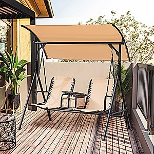 Outsunny 2-Seat Patio Swing Chair, Outdoor Canopy Swing Glider with Pivot Storage Table, Cup Holder, Adjustable Shade, Bungie Seat Suspension and Weather Resistant Steel Frame, Beige