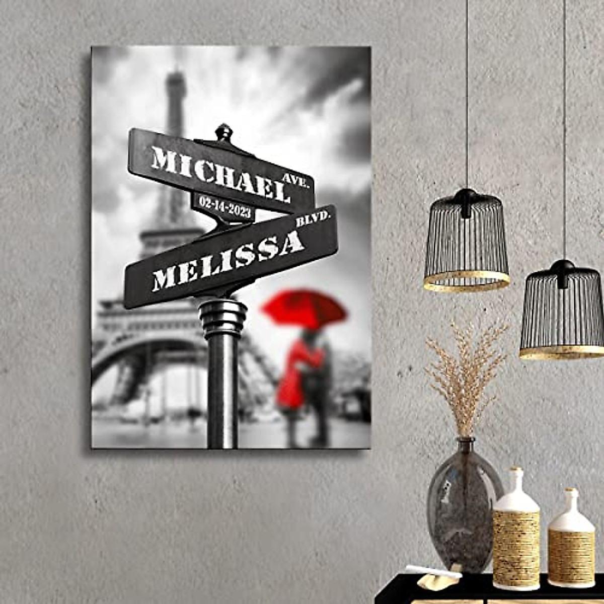 Lovers path-crossing sign - Personalized artwork with Couple's Names. Gift for wedding Anniversary, housewarming, Valentine's Day. Paris wall art.