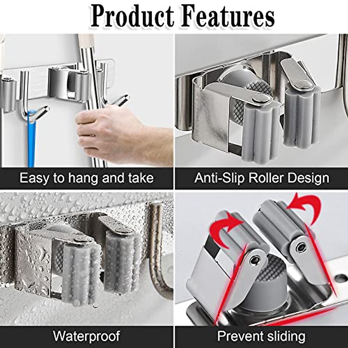 Piyl Mop Broom Holder Wall Mount Heavy Duty Hooks Hanger 17” Stainless Steel Organizer for Home Laundry Bathroom Kitchen Garage Garden Utility Tools Rack Storage Durable