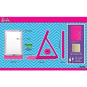 eKids Barbie Travel Mirror with Light and Adjustable Stand, Shatterproof Makeup Mirror with Rechargeable Battery, Designed for Fans of Barbie Accessories and Gifts