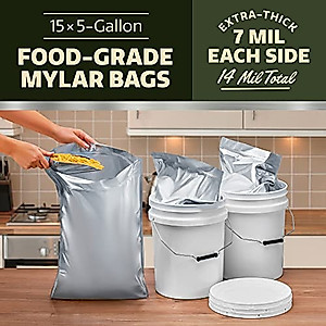 15-Pack 5 Gallon Mylar Bags with Oxygen Absorbers - 7 Mil (14 Mil Total), Never Folded - Mylar Bags for Food Storage - 20 Individually Vacuum-Sealed 2,500cc Oxygen Absorbers & Labels