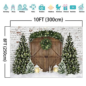 Mocsicka Christmas Wood House Photography Backdrop Xmas Tree Snow Wreath Photo Background Rustic Barn Door Family Kids Holiday Portrait Photo Booth Props (10x8ft)