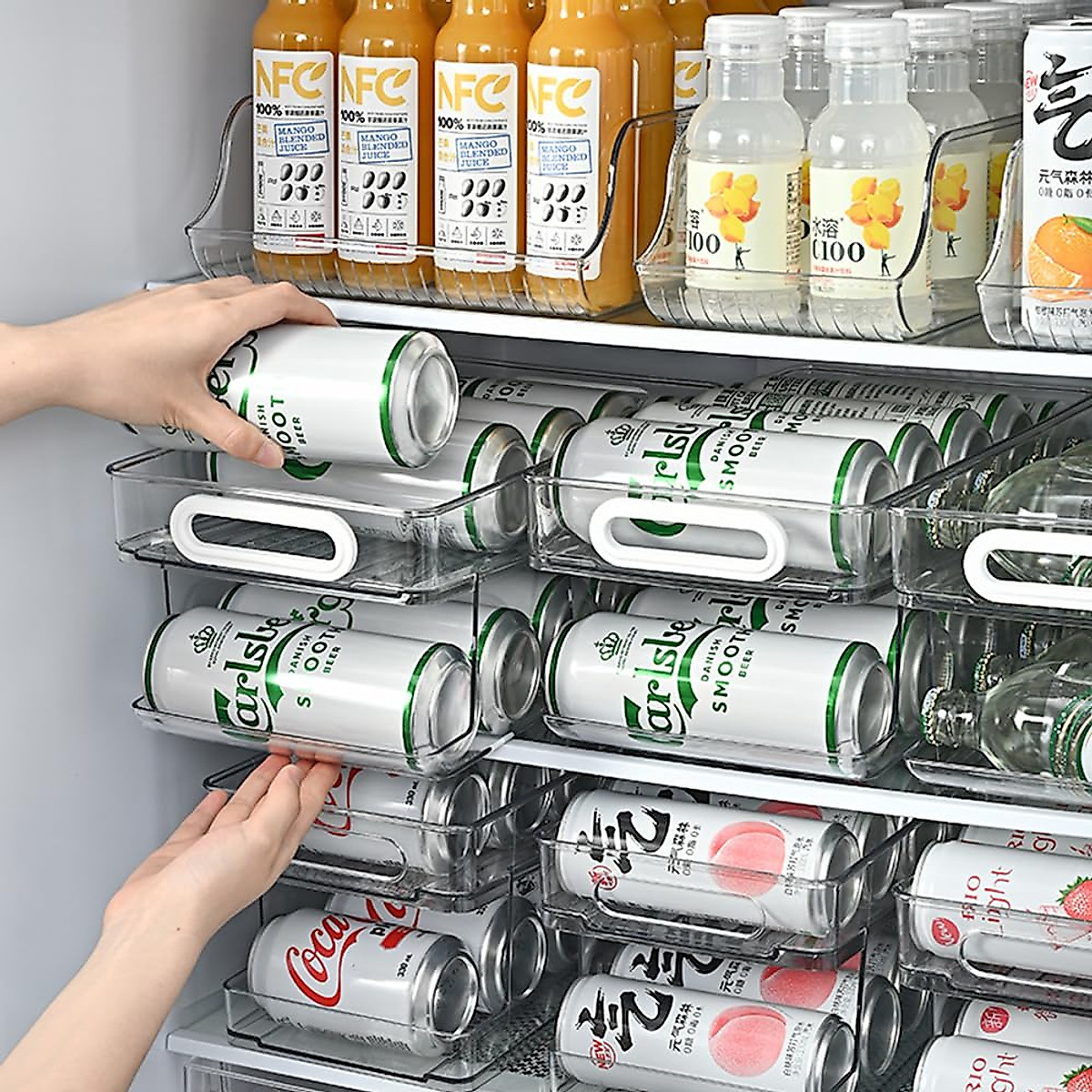 Xicennego Upgrade 2-Tier Rolling Soda Can Storage Organizer for Tall Skinny Soda/Pop Cans, Soda Can Dispenser for Refrigerator, Fridge Can Drink Holder, Plastic Storage Rack for Fefrigerators, Pantry