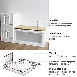 livinbox 45L collapsible storage bins with door, comic books container, dust-proof stack-able folding box for Home Office Bedroom Dorm Toys Bedding, white & transparent, FB-6432S-WTTR