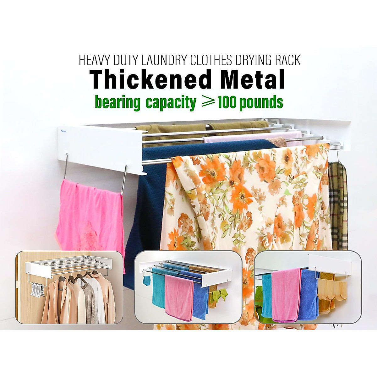 MaiHongda Invisible Wall Mounted Laundry Clothes Drying Rack Clothing Retractable Wall Hanger Collapsible Hanging Towel Holder for Laundry Bathroom Indoor/Outdoor(White,5 Rods,32")