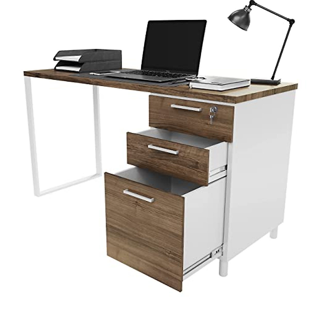 Milano Home Office Desk - 47Inch Cass Walnut/White Home Office Desk with Drawers - Modern Computer Desk with Storage, Detachable & Lockable Computer Cabinet - Wooden Office, Study, and Writing Table