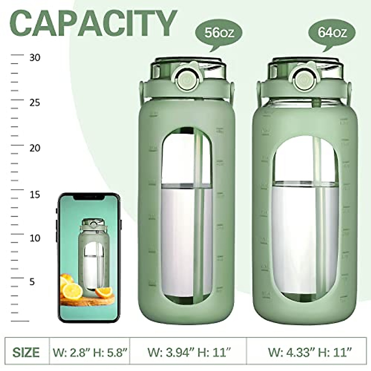 BLUEGO 64 oz Glass Water Bottles with Straw Time Marker Half Gallon Large Motivational Bottle Silicone Sleeve 2 Liter Jug for Gym, Sports& Workout, Olive