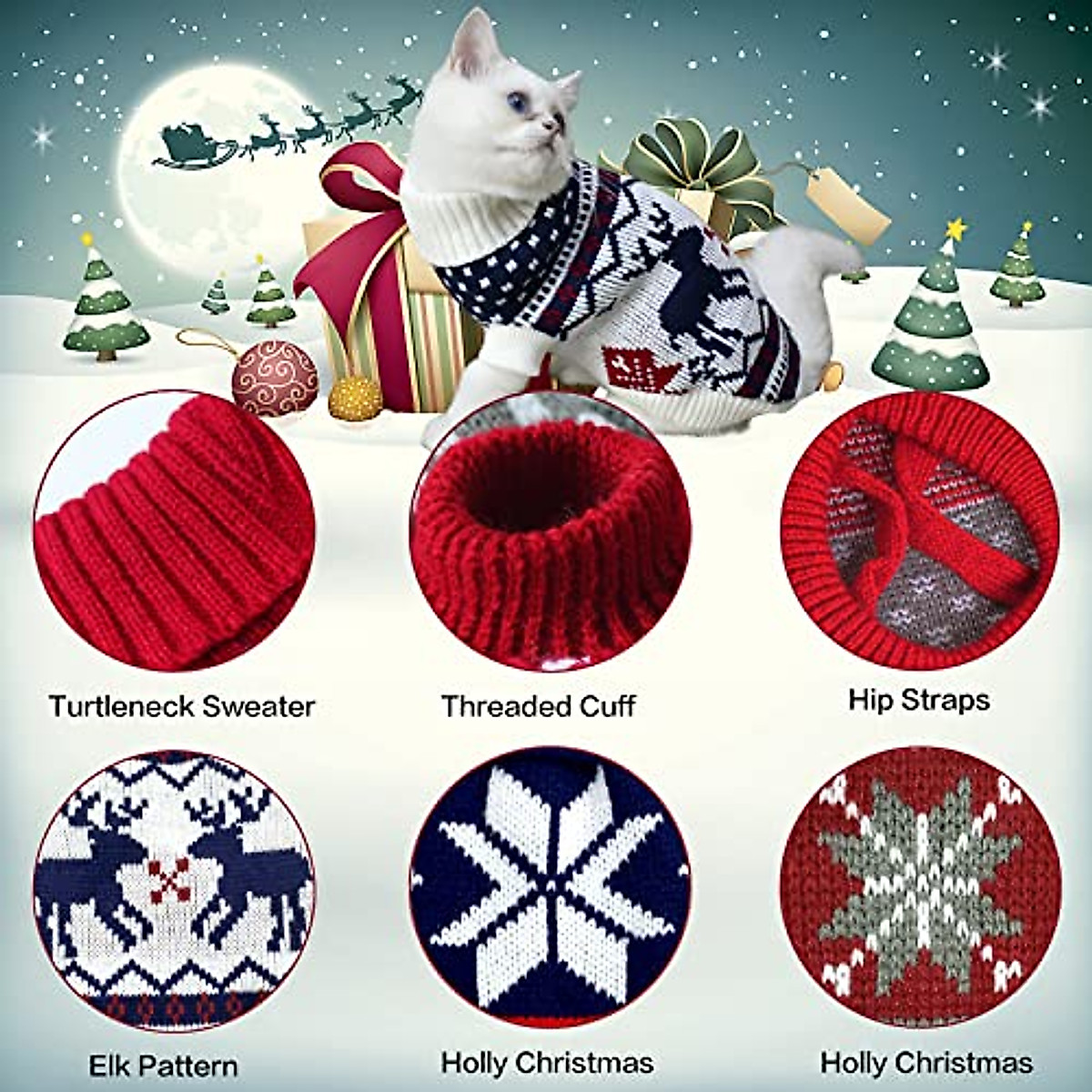 CooShou 3Pcs Christmas Dog Sweater Costume Xmas Cat Knitwear Clothes Navy Blue White and Christmas Red Sweaters with Reindeers Snowflakes Pattern for Kitten Cat Puppy Dog XS