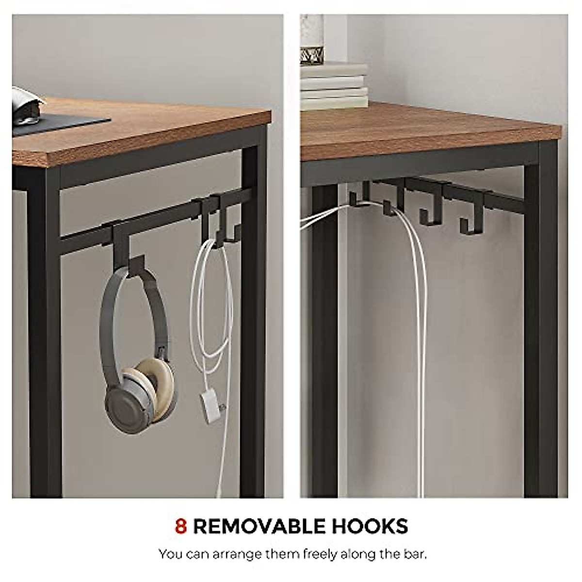 VASAGLE Computer Writing Desk, 39 Inch Office Study Table, Work from Home, with 8 Hooks, Metal Frame, Industrial, 39.4", Walnut Brown