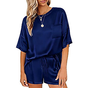 SWOMOG Womens Satin Pajamas Sets Solid Short Sleeve T-Shirt Tops with Shorts Sleepwear Summer Pjs Loungewear Navy Blue
