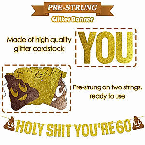 Gold Glitter Holy Shit You're 60 Birthday Banner Party Decoration,Happy 60th Birthday/Cheers to 60 Years, Funny 60th Birthday Party Decorations Supplies (Gold 60th)